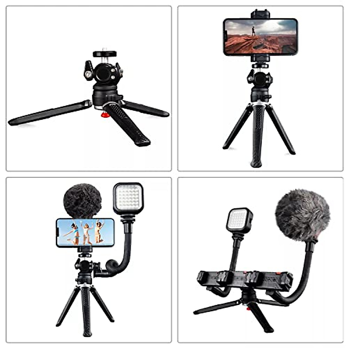 Portable & Sturdy Adjustable Phone Tripod,Cell Phone Mount Easy to Adjust 360° Ball Head, Mini Tripod with Cold Shoe Mount, 1/4'' Screw for Magic Arm,Selfie Stick Stand for Smartphone DSLR Camera