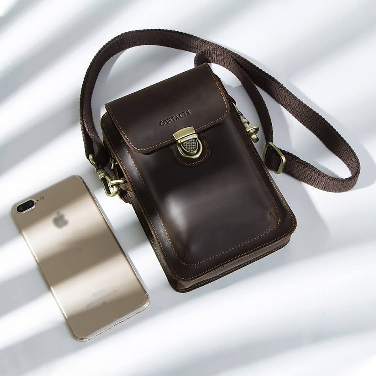 Hiram Men's Leather Phone Bag for iPhone SE, Leather Waist Bag for Men, Men's Crossbody Bag for Cellphone, Small Leather Shoulder Bag for Men-Coffee