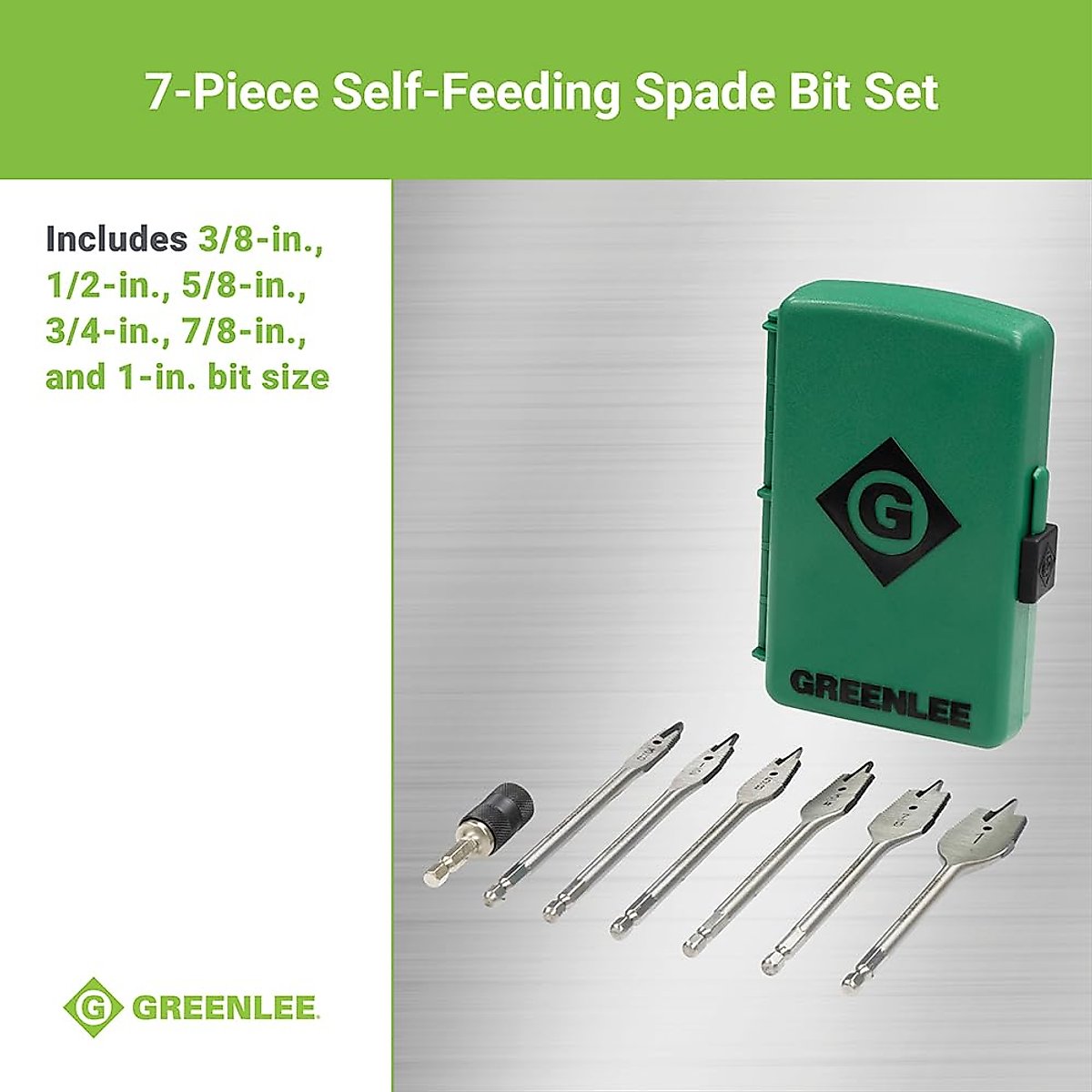 Greenlee 34AR-6 7-Piece Self-Feeding Spade Bit Set with 3/8" to 1" Spade Drill Bits, 1/4" Quick Change Adaptor, and Carrying Case, Spade Drill Bit Set for Wood