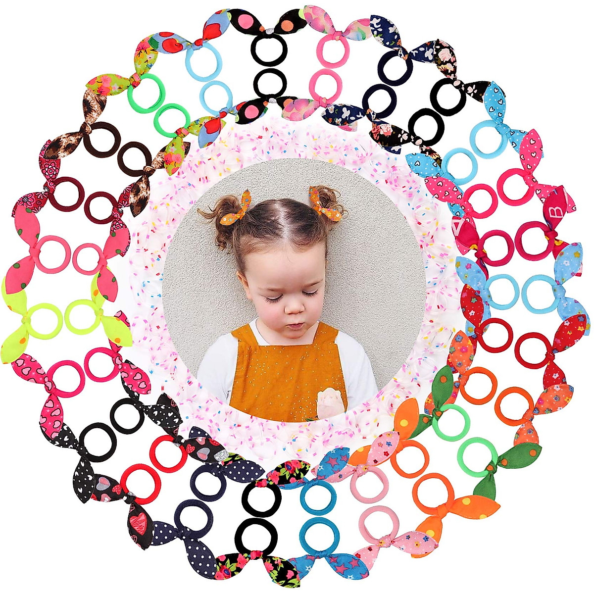 YASUNMI 50pcs Children Hair Ties+200pcs Rubber Bands, Cute Toddler Rabbit Ear Hair Ties, Seamless No Crease Elastic Cotton Bows Ponytail Holders Hair Accessories for Baby Toddler, Kids, Teens