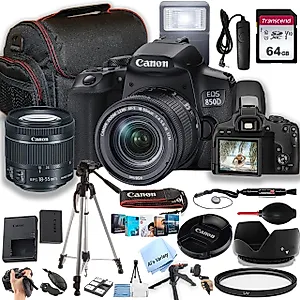 Canon EOS 850D / Rebel T8I DSLR Camera w/EF-S 18-55mm F/4-5.6 STM Zoom Lens + 64GB Memory, Case, Tripod, Flash, Remote, and More (32pc Bundle) (Renewed)