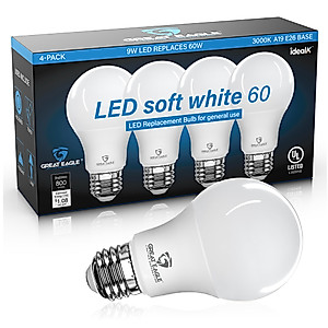 Great Eagle A19 LED Light Bulbs 60 Watt Equivalent- UL Listed - 3000K LED Light Bulbs - Non dimmable Light Bulbs 60 Watt Soft White (4 Pack)