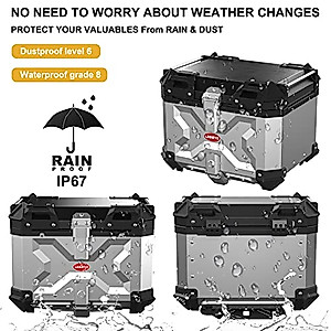 LASIEYO 45L Motorcycle Top Case, Aluminum Motorcycle Trunk Tour Tail Box with Security Lock for Store Helmet Large Luggage, Waterproof Motorcycle Top Box, Universal Motorcycle Accessories (Silver)