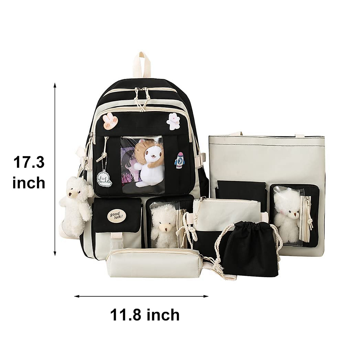 AONUOWE Kawaii Backpack with Cute Pins and Pendants 5Pcs Set Preppy Rucksack for Teen Girls School Bag Aesthetic Backpack (Black)