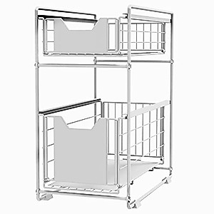 PIGTAB Under Sink Organizers and Storage - Pull Out Under Cabinet Organizer for Bathroom, Kitchen, 2 Tier Metal Shelf Basket Holds up to 150lbs for Kitchen Bathroom Cabinet or Pantry