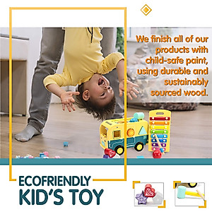 Leo & Friends School Bus Pound and Tap Bus Bench - Wooden Toy Bus with Slide Out Xylophone, Durable Musical Pounding Toy, 8 Colorful Blocks, 1 Hammer, and 1 Rainbow Xylophone, Perfect Educational Gift