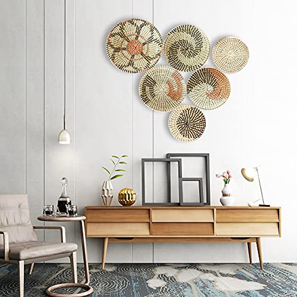 Hanging Woven Wall Basket Decor Set of 6 - Seagrass Wall Baskets Decor - Boho Rattan Home Room Decorative - Handmade Natural Round Wicker Basket，for Living Dining Room Kitchen Bedroom Unique Wall Art…