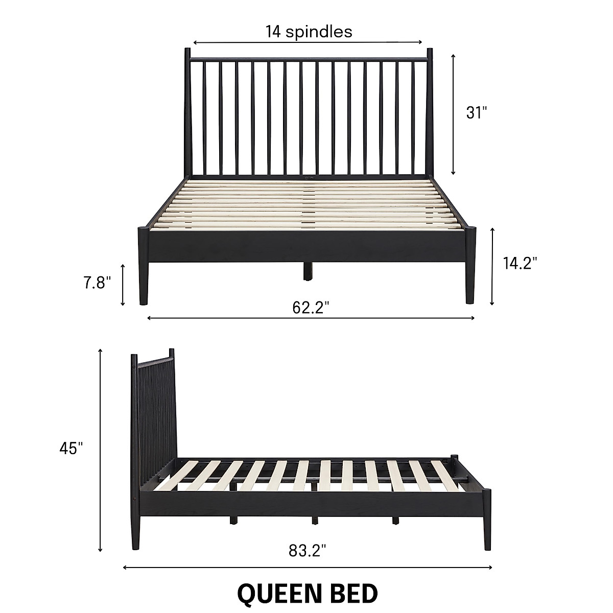 NTC Inno Wooden Bed Frame with Headboard, Solid Oak and Rubber Wood Foundation with Silent Slats and Wood Central Supports, 1000 Lb Capacity, Effortless Assembly, Queen - Burnt Black