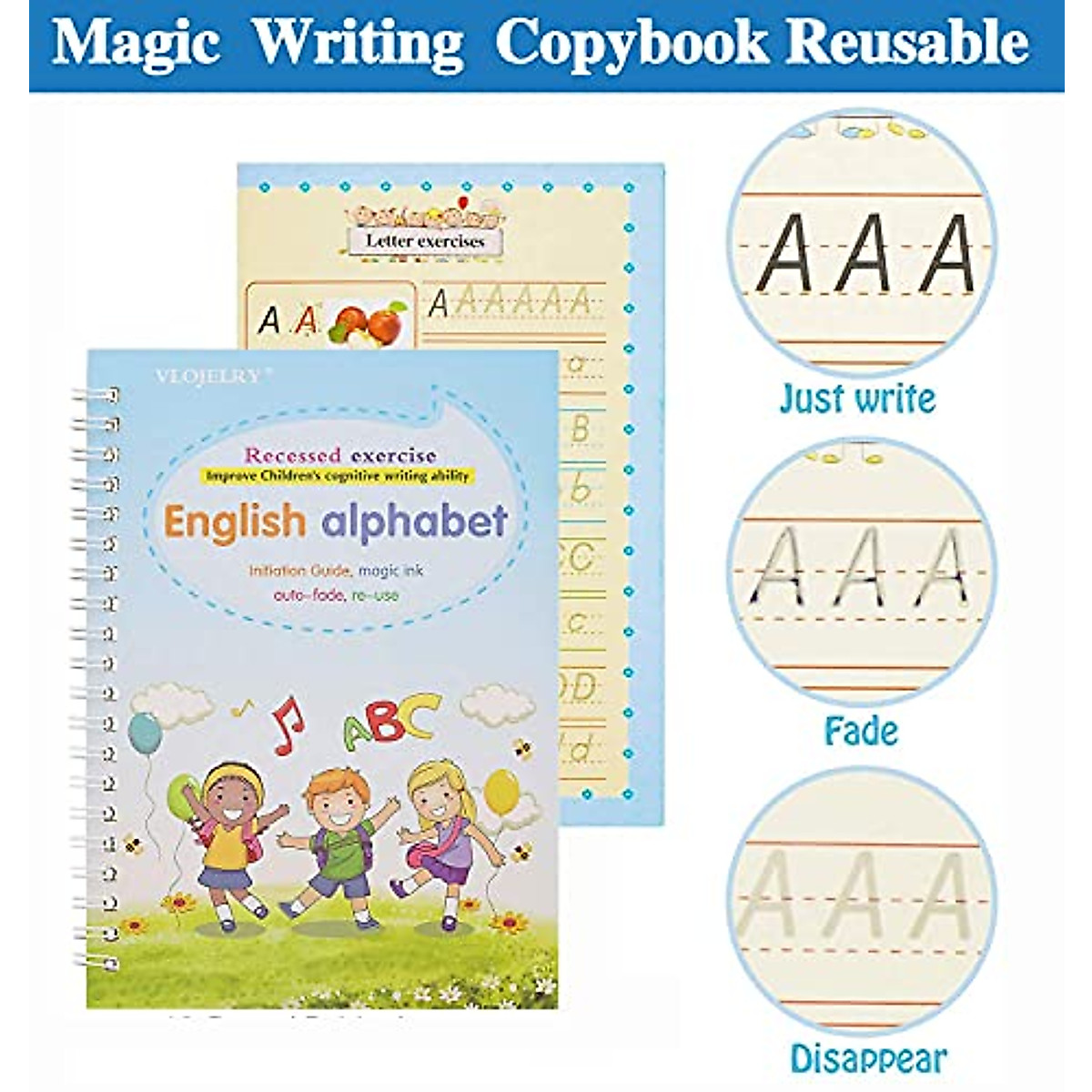 VLOJELRY 14Pcs Practice Copybook Reusable Calligraphy Book for Kids, Handwriting Copybook Set with Pen for Preschool Beginners Enlightenment