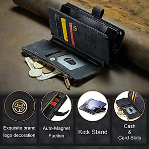 CaseMe Wallet Case for Samsung Galaxy Z Fold 5,Multifunction Fashion Premium PU Leather Zipper Flip case Built-in [S Pen Holder] [Magnetic Closure] [Kickstand] [Card Slots] for Galaxy Z Fold 5 (Black)
