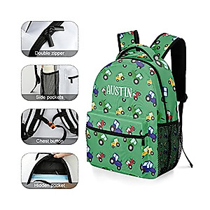 CustomLife Personalized Green Tractors School Backpacks Bookbag Travel Pack for Boys Girls Men Women, 16.5''(H) x 12.2''(L) x 5.9''(W)