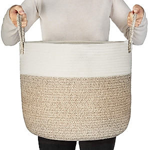 Shu Baby Woven Storage Basket - Large Cotton Rope Basket with Long Handles, Foldable Laundry Hamper, Toy Bin and Decorative Hamper (brown)