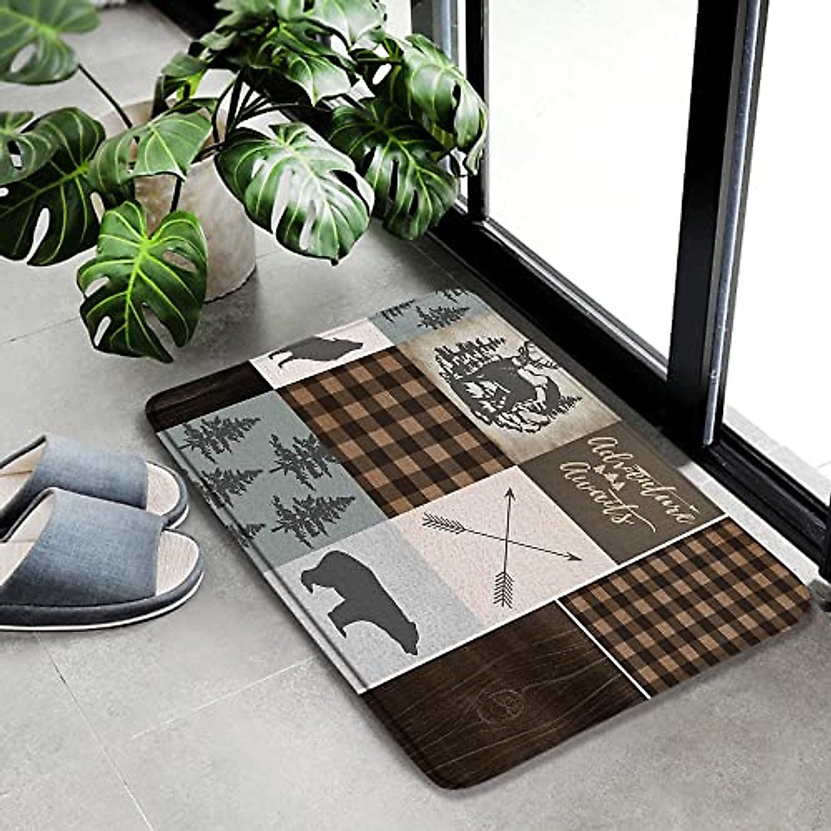 Cabin Bathroom Mat Retro Rustic Lodge Bear Moose Deer Elk Wolf Forest Adventure Awaits Buffalo Plaid Country Hunting Style Home Kitchen Flannel Non-Slip Rug Doorway Welcome Carpet 29.5x17.7inch