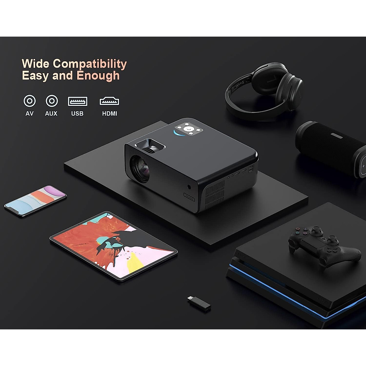 Tkisko Projector with Wifi and Bluetooth, 700 ANSI Full HD 1080P Projector 4K Supported, Portable Outdoor Movie Projector, 4D/4P Keystone & 50%-100% Zoom, Smart Projector for Phone/PC/TV Stick