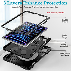 Case for iPad Pro 11 Inch (2022/2021/ 2020/2018): Silicone Cover for iPad 11 (4th/ 3rd/ 2nd/ 1st) Generation with Screen Protector- Stand- Handle- Shoulder Strap- Pencil Holder- Black