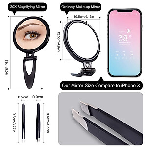 5 Inch 20X Magnifying Mirror with Blackhead Tweezer Kit, Handheld Mirror with Handle, Portable Magnified Mirror with Eyebrow Plucking Tweezers, Foldable, Double sided, Black