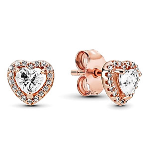 PANDORA Sparkling Elevated Heart Stud Earrings - Stackable Earrings for Women - Great Gift for Her - 14k Rose Gold & Cubic Zirconia