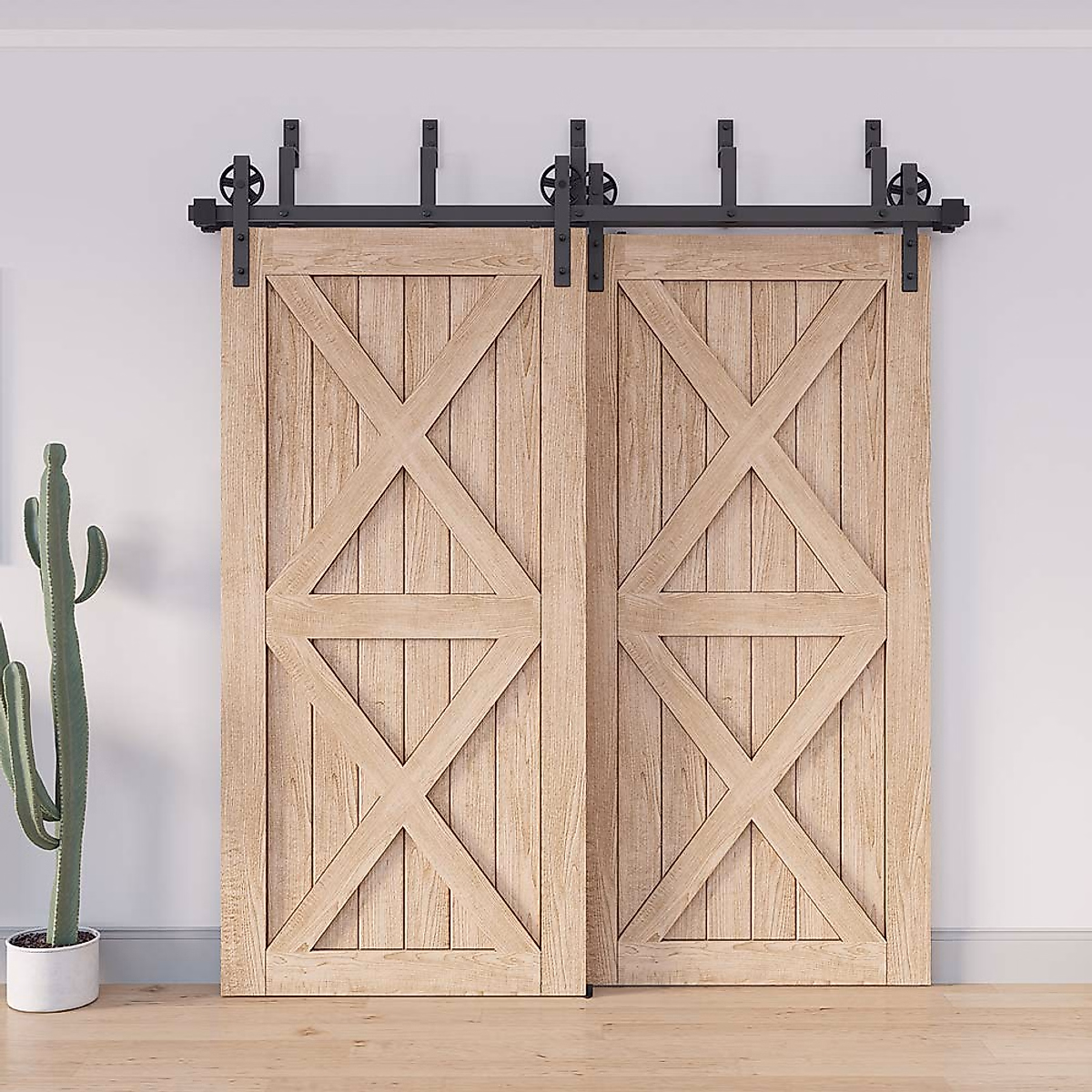 ZEKOO 5-18 FT Bypass Barn Door Hardware for Double Barn Door, Barn Door Track for Sliding Closet Door, Heavy Duty Double Bypass Barn Door Kit Big Black Spoke Hangers (6FT Bypass Double Door Kit)