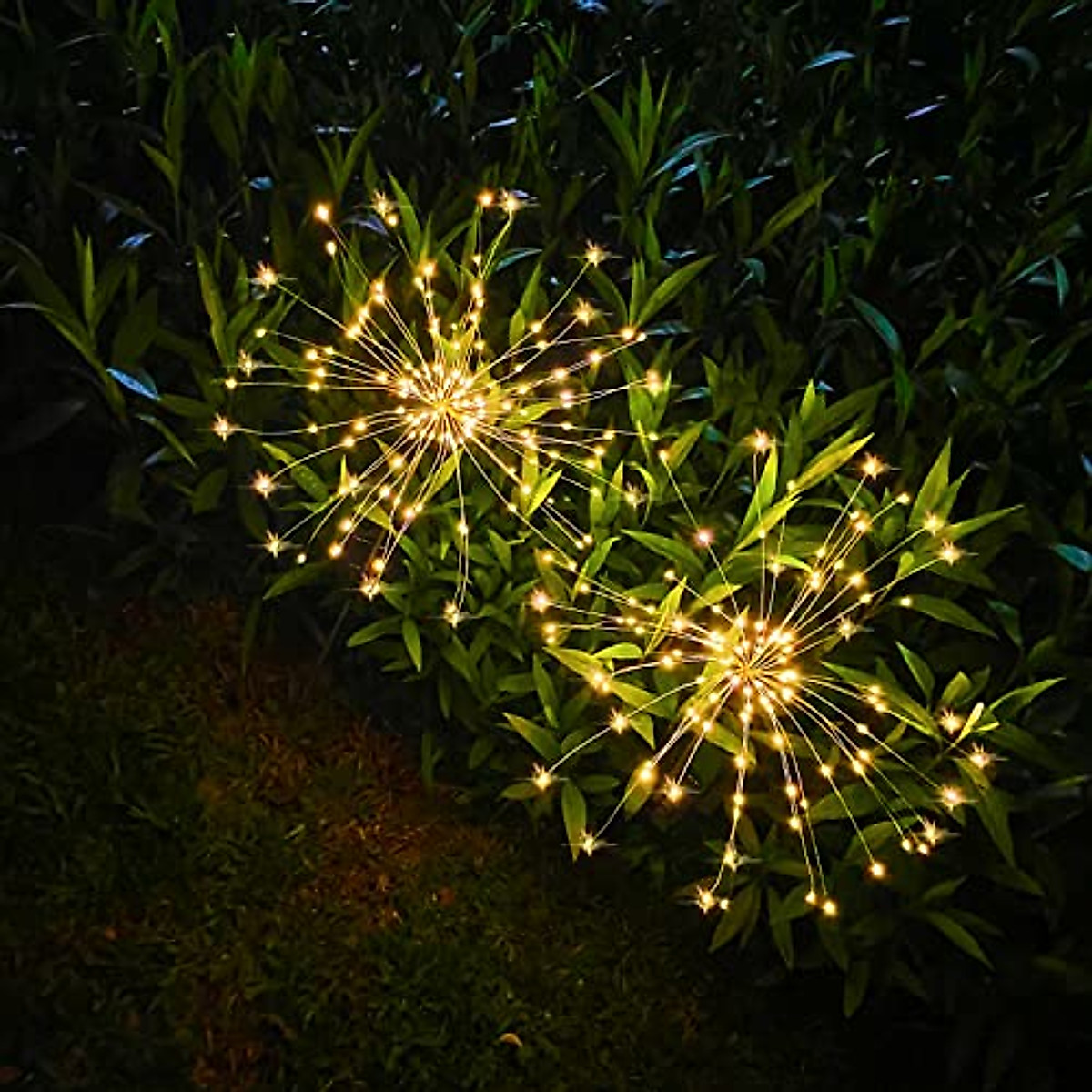 JJGoo Outdoor Solar Garden Lights, 2 Pack 120 LEDs 2 Lighting Modes Waterproof Fireworks Light for Outdoor Patio Walkway Pathway Decorative - Warm White