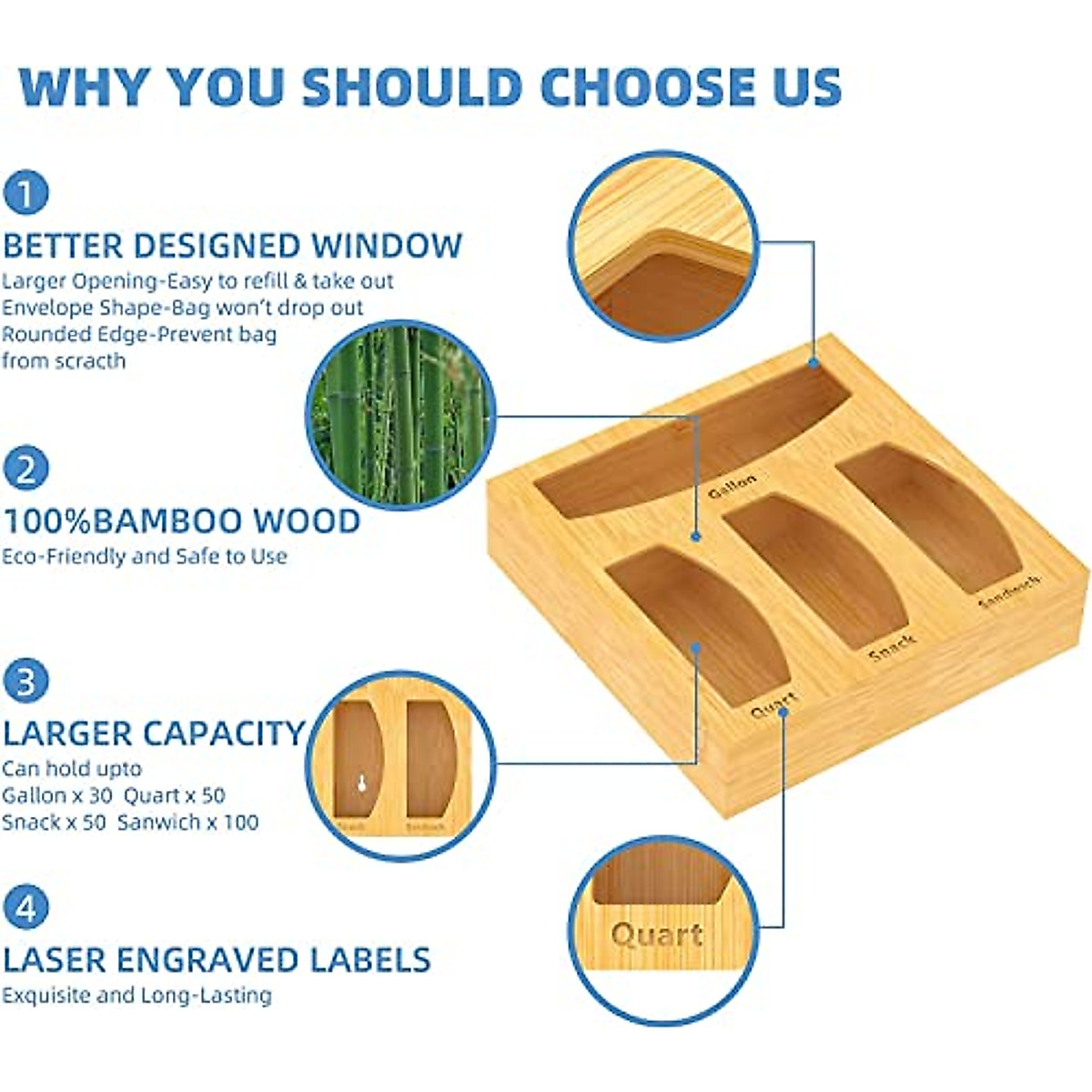 Food Ziplock Bag Storage Organizer For Kitchen Drawer, Bamboo Baggie Holder, Compatible With Ziploc, Solimo, Glad, Hefty For Gallon, Quart, Sandwich And Snack Variety Size Bags(1 Box 4 Slots)