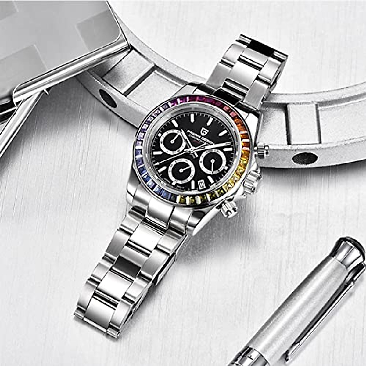 Pagani Design Men's Watch Multifunction Men's Sports Clock Quartz Chronograph Japan VK63 Movement Stainless Steel Strap Automatic Date 100M Water Resistant 2022 (Crystal Color Black)