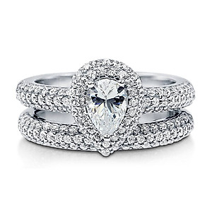 BERRICLE Sterling Silver Halo Wedding Engagement Rings Pear Cut Cubic Zirconia CZ Ring Set for Women, Rhodium Plated Size 9