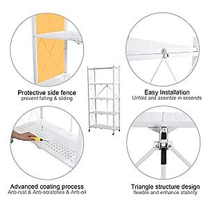 Muichi Folding Shelf 5-Tier, Foldable Shelves with Wheels, Heavy Duty Shelving Unit, Sturdy Metal Shelf Storage Organizer Rack for Kitchen, Garage, Home, Office, Garden (White)