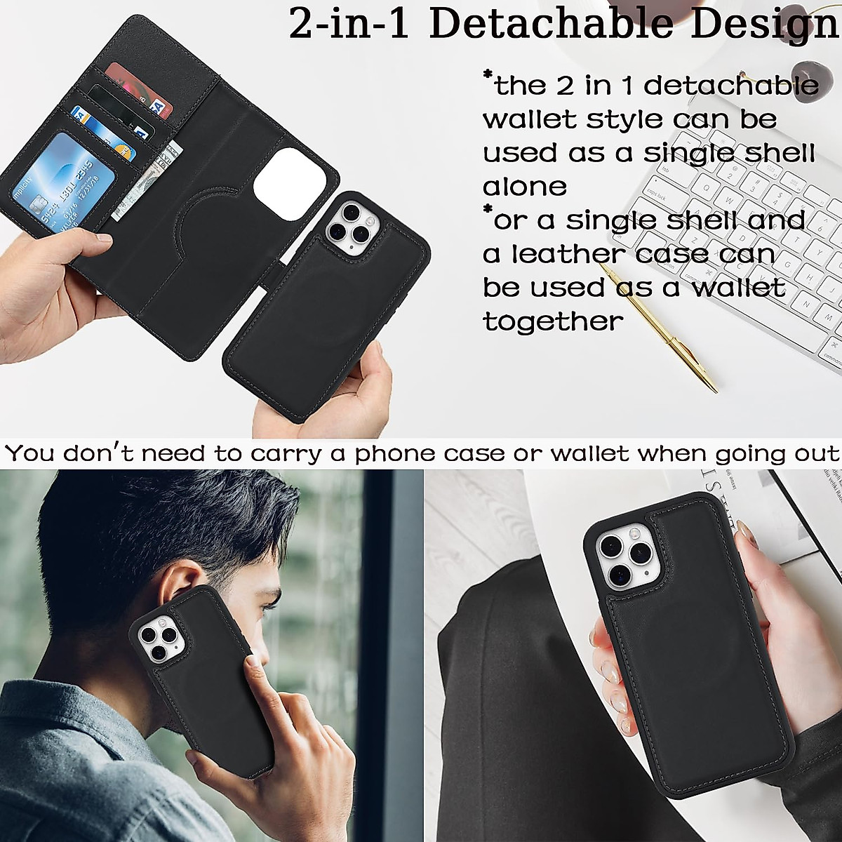 Ｈａｖａｙａ for iPhone 12 Wallet case iPhone 12 case with Card Holder Detachable Magnetic mgasafe Phone case iPhone 12 pro case letaher flip Cover-Black