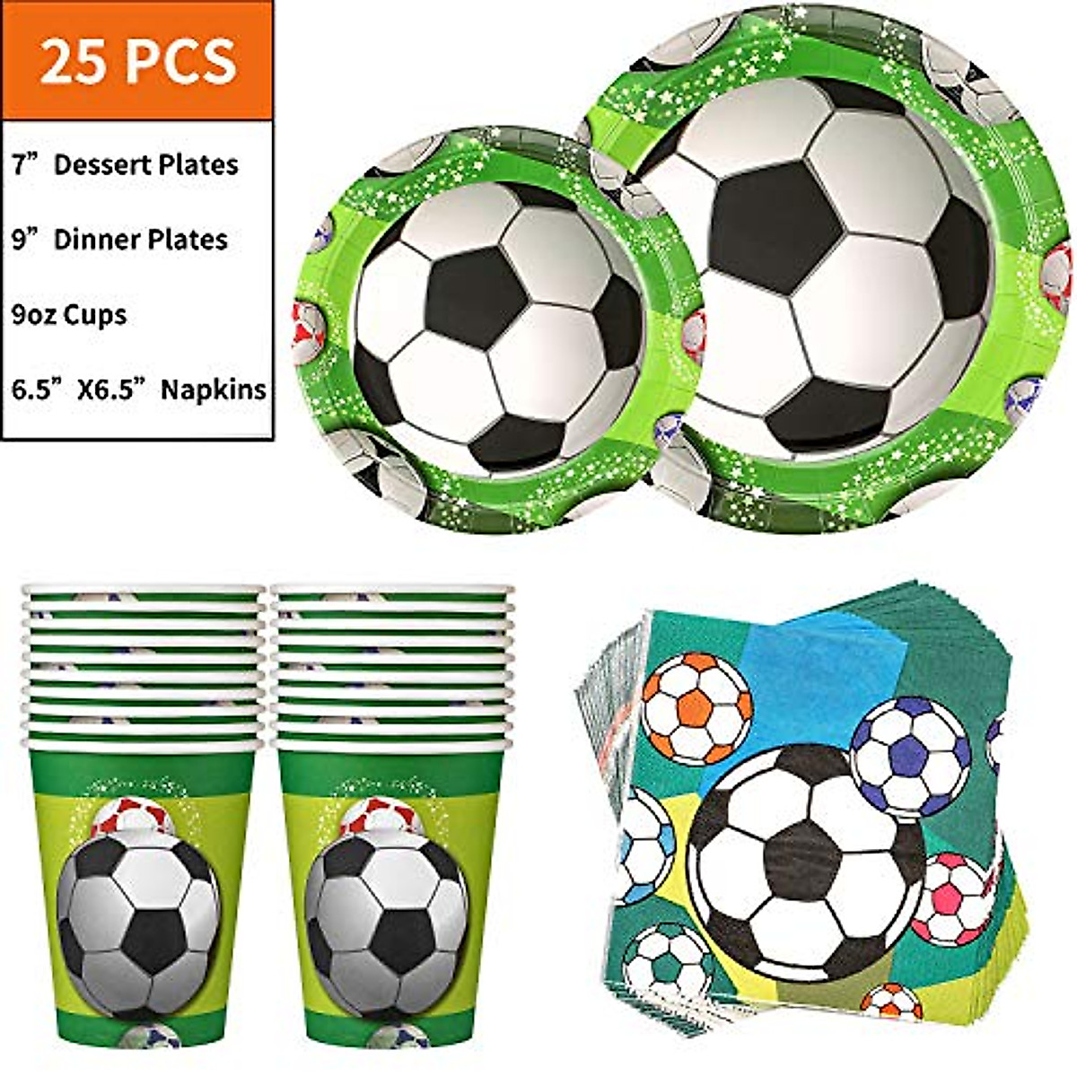 DUOCUTE Soccer Party Supplies 102PCS Sports Themed Children Birthday Paper Dinnerware Set Includes 9" Plates, 7" Plates, Cups, Napkins, Tablecloth and Banner, Serves 25