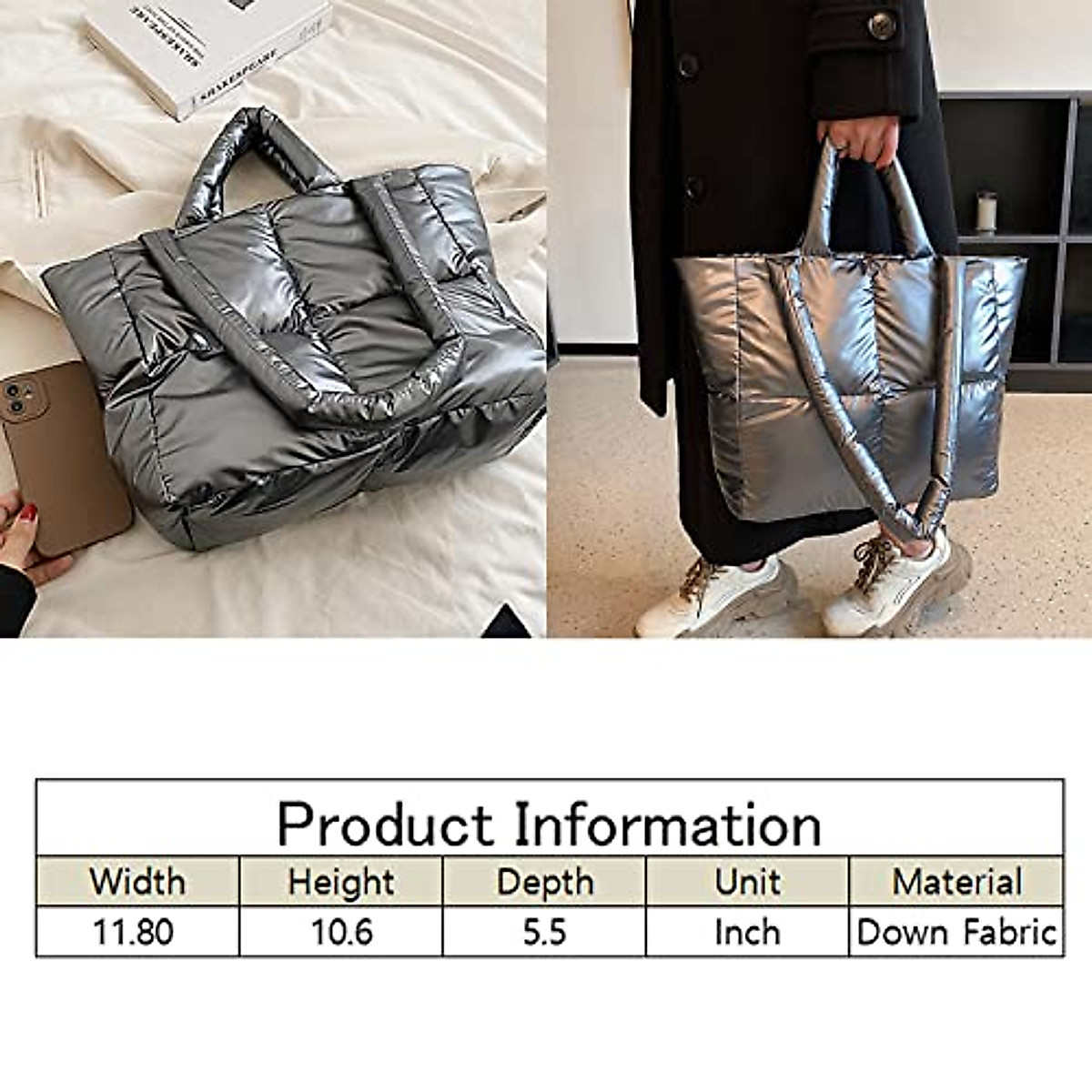 Soft Puffer Tote Bag Puffy Quilted Tote Bag For Women Winter Lightweight Down Cotton Padded Puffer Purse Trendy Luxury Gray