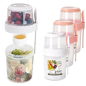 HOXHA Breakfast On the Go Cups, Overnight Oats Container with Lid and Spork, Reusable Yogurt Parfait Cups Plastic, 29 oz Cereal Cup with Measurement Marks, Set of 4, Pink and White