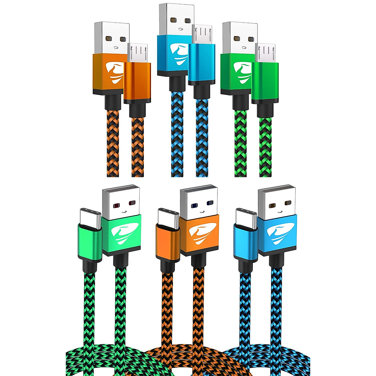 Aioneus 3 Pack 6ft Micro USB Cable + 3 Pack 10 ft USB-A to USB-C Cable (Blue, Orange, Green)
