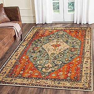 Boho Area Rug, 4' x 6' Machine Washable Rugs for Entryway Faux Wool Large Rugs Distressed Throw Rug Non-Slip Floor Carpet for Indoor Bedroom Kitchen Living Room