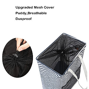 HiCharmcci Laundry Hamper, Wheeled Collapsible Clothes Hampers for Laundry, Large 82L, Dark Blue Strips, Sturdy Oxford Fabric, Mesh Closure, Portable Handle, Transparent Window