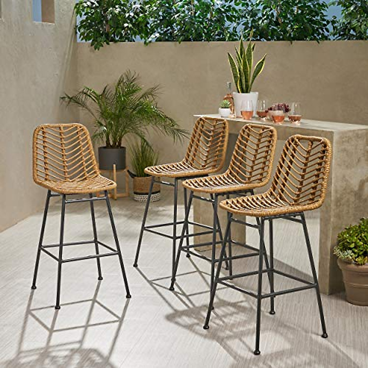 Great Deal Furniture Angela Outdoor Wicker Barstools (Set of 4), Light Brown and Black
