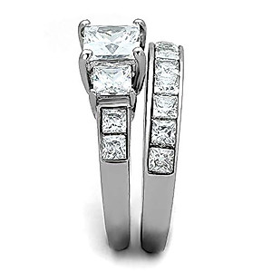 Lanyjewelry Three Stone 6mm Princess CZ Stainless Steel Wedding Ring Set- Size 9