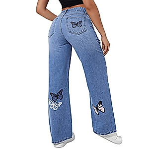 SweatyRocks Women's Ripped Straight Leg Jeans High Waist Distressed Cutout Denim Pants Blue Butterfly S