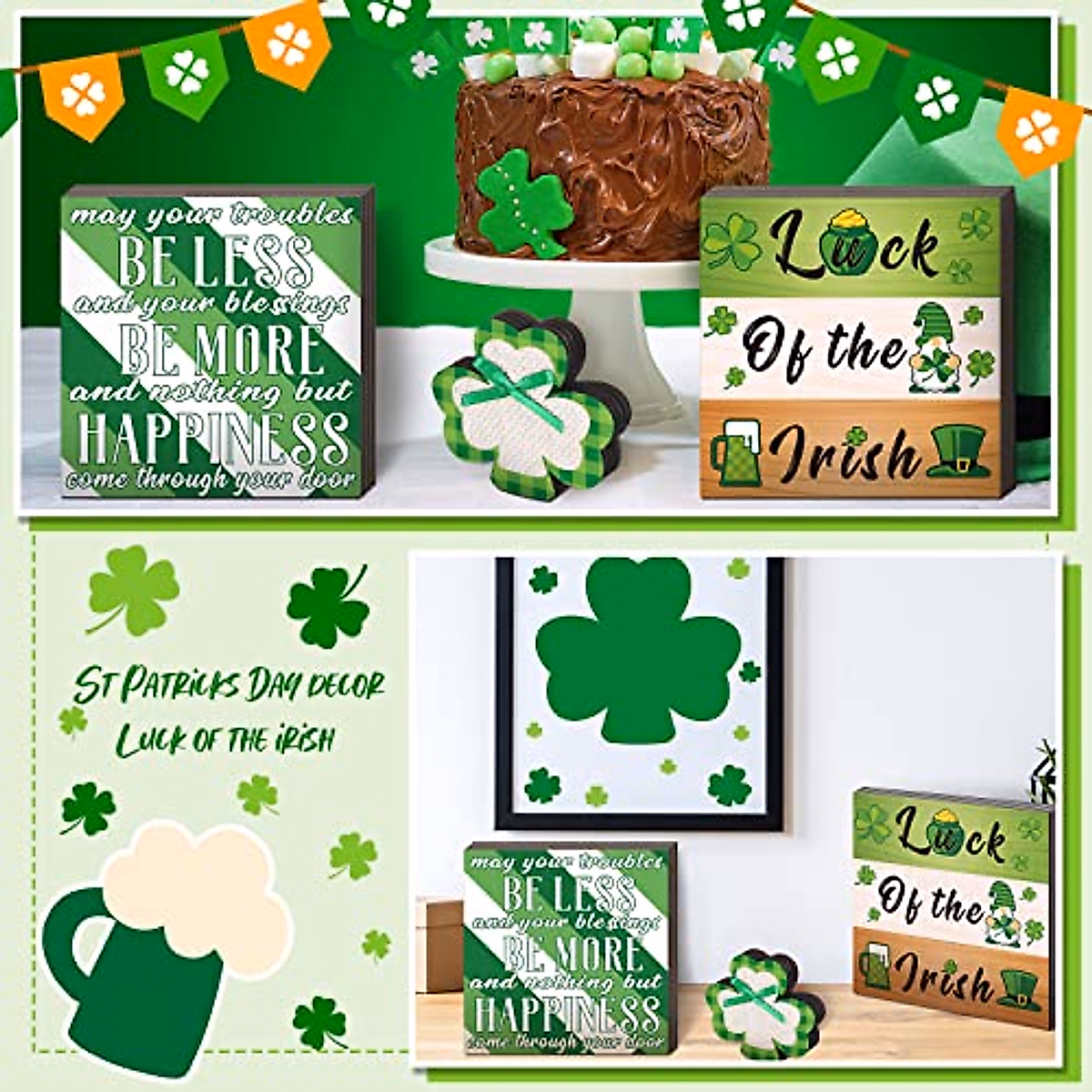 3 Pieces St. Patrick's Day Wood Decors Box Signs Irish Rustic Tabletop Decor Wood Block Plaque Shamrock Tiered Tray Decor May Your Blessings Luck of the Irish for St. Patrick Home Table Decorations