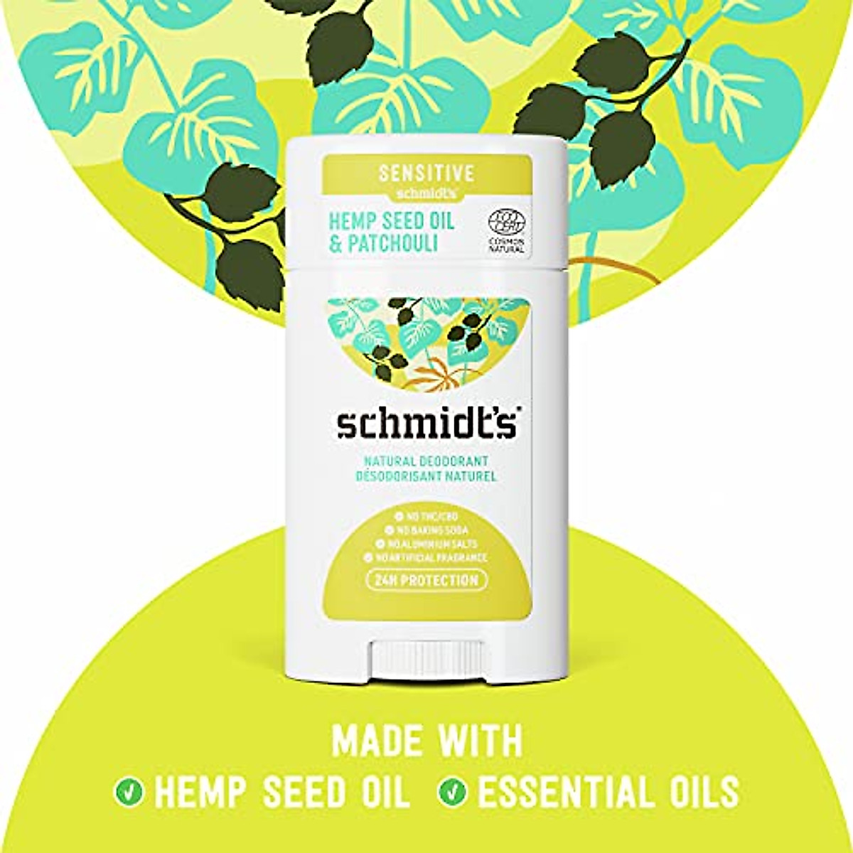 Schmidt's Sensitive Skin Natural Deodorant with Hemp Seed Oil For 24 Hour Odor Protection Patchouli + Hops Aluminum Salt Free, Vegan, Certified Cruelty Free, 3.25 oz