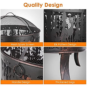Portable Fire Bowl 27 Inch Fire Pit, Outside Fire Pit, Garden Fireplace with Spark Guard, Poker & Charcoal Grate, Fire Pits for Patio Camping Backyard Balcony, Elk Pattern