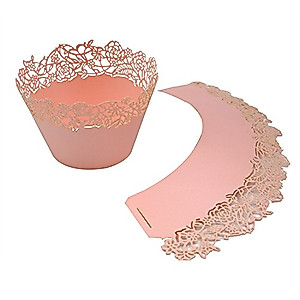 Cupcake Wrappers Pack of 50 Pink Filigree Artistic Bake Cake Paper Cups Little Vine Lace Laser Cut Liner Baking Cup Muffin Case Trays for Wedding Party Birthday Decoration -By KPOSIYA