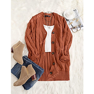 MEROKEETY Women's 2025 Fall Long Sleeve Cable Knit Sweater Open Front Cardigan Button Loose Outerwear Rust