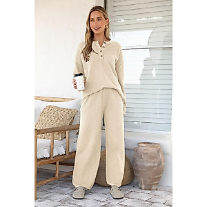 PRETTYGARDEN Women's 2 Piece Tracksuit Outfits 2024 Fall Knit Sweater And Wide Leg Pants Sweatsuit Lounge Sets (Beige,Large)