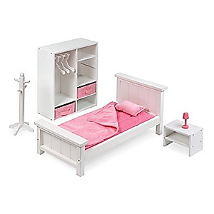 Badger Basket Toy Bedroom Furniture Set with Doll Bed, Armoire, and Nightstand for 18 inch Dolls - Pink/White