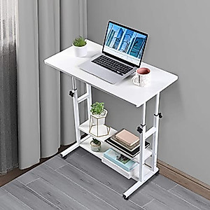 Portable Desk for Bedroom Height Adjustable 31x16 inch Storage Rolling Desk Modern Laptop Table Home Office Workstation Sofa Side Table with Wheels for Living Room Mobile Couch Small Study Desk White