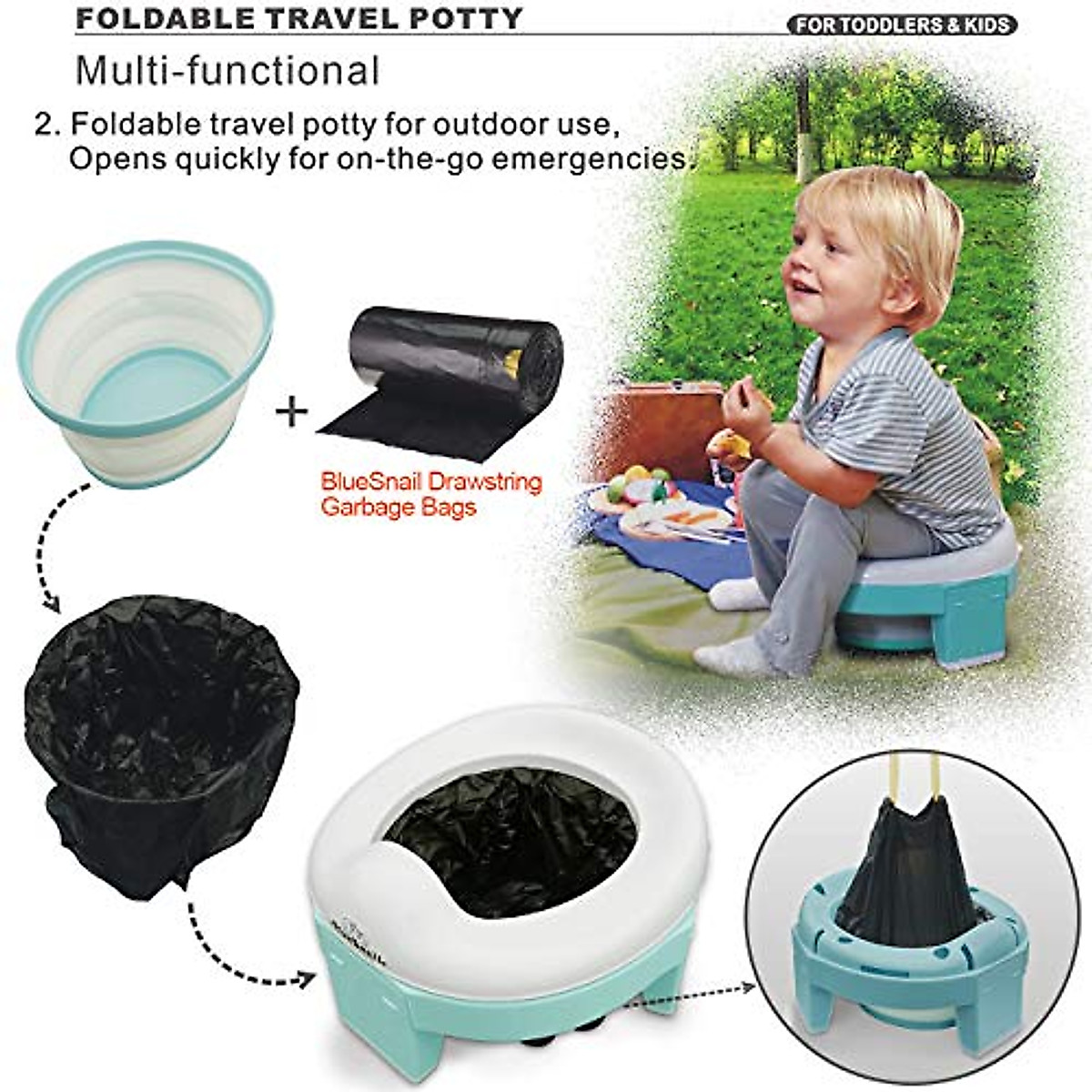 3-in-1 Go Potty for Travel, Portable Folding Compact Toilet Seat,Potty Training Toilet Chairs for Toddler Boys & Girls with storage Bag and Potty Liners by BlueSnail (blue)