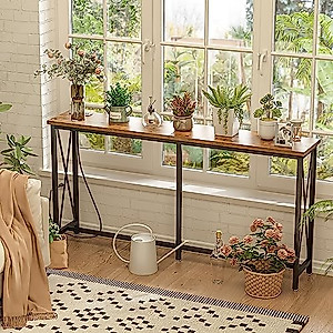 SUPERJARE Console Table with Outlet & USB Ports, 63 Inches Sofa Table with Charging Station, Narrow Entryway Table, Hallway Table, Behind Couch Table, for Living Room - Rustic Brown