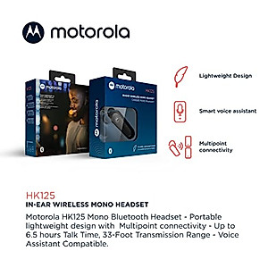 Motorola Bluetooth Earpiece HK125 in-Ear Wireless Mono Headset for Clear Voice Calls - Lightweight, Comfortable Design - 6.5 Hour Talk Time, Voice Assistant Compatible, Multipoint Connectivity