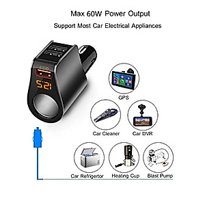 LIHAN Car Charger Extension Cigarette Lighter Adapter,Socket Splitter 3 USB Ports and Voltage Meter,fit for 12V/24V Automobile Outlet,Compatible with iPhone 14,13,12,iPad,Samsung(BlackQC3.0)