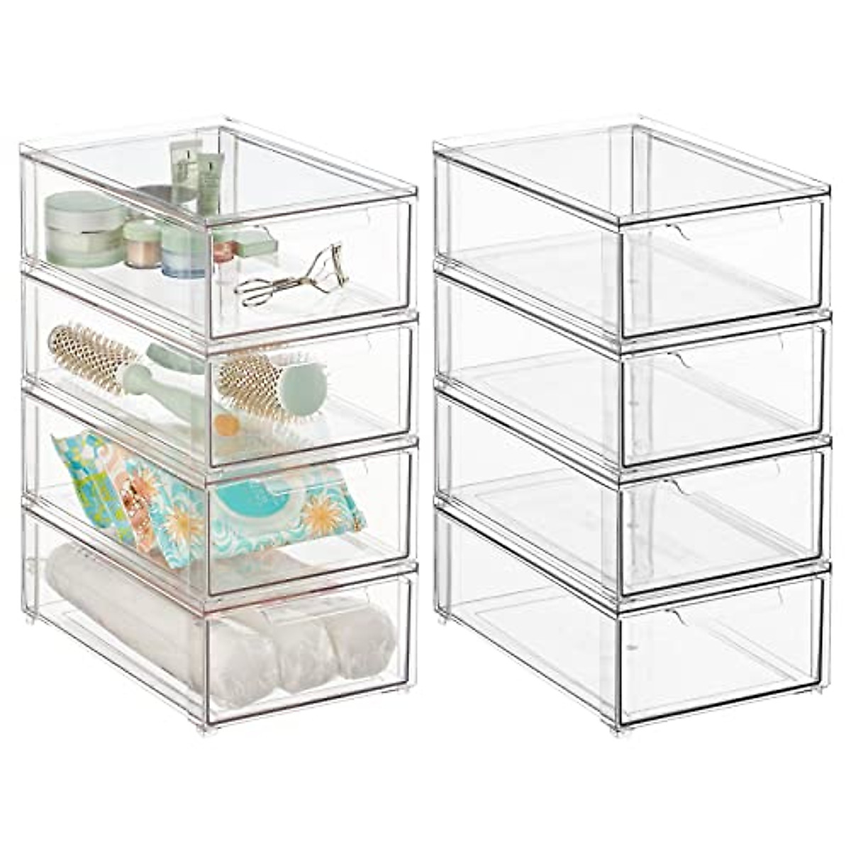 mDesign Plastic Stackable Bathroom Storage Organizer Bin with Pull Out Drawer for Cabinet, Vanity, Shelf, Cupboard, Cabinet, or Closet Organization - Lumiere Collection - 8 Pack - (Clear, 8 x 12 x 4)